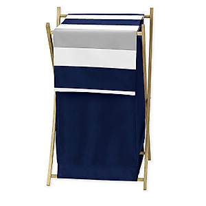 Sweet Jojo Designs Children Kids Teen Clothes Laundry Hamper for Navy Blue and Gray Stripe Bedding Set