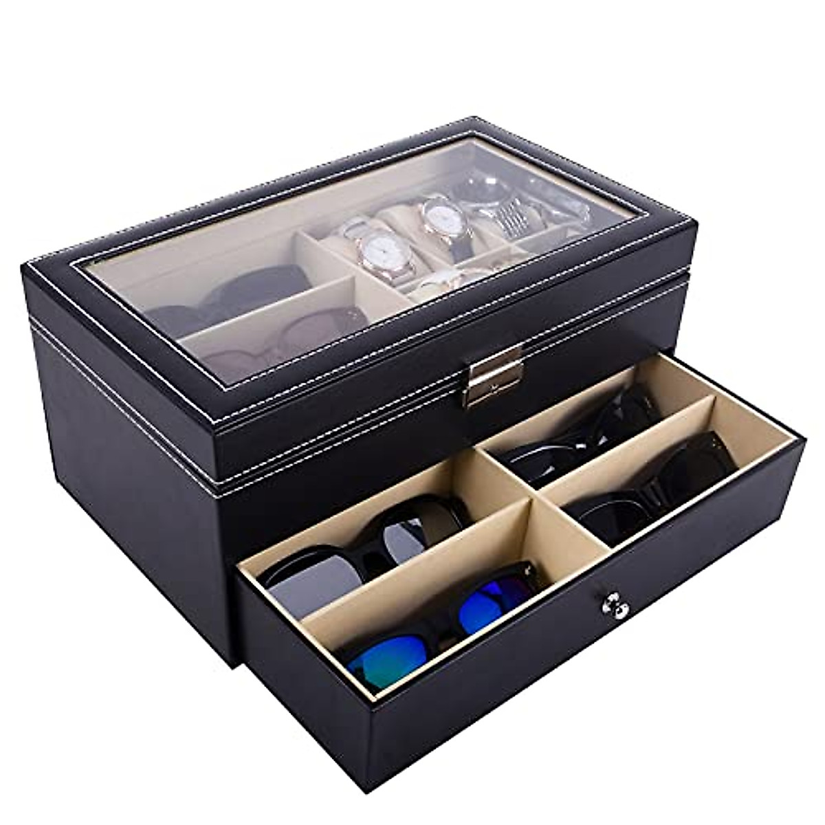 AUTOARK Leather 6 Watch Box Jewelry Case and 9 Piece Eyeglasses Storage and Sunglass Glasses Display Drawer Lockable Case Organizer,Black,AW-048