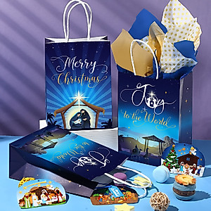 34 Pcs Christmas Nativity Gift Bags Joy to The World Goodie Present Bags with Handles Merry Christmas Kraft Paper Treat Bags with Tissue Paper for Holy Nativity Religious Holiday Festival Party