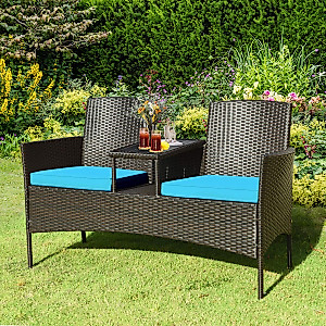LDAILY Patio Conversation Set, Modern Rattan Loveseat, Outdoor Furniture Set with Removable Cushions & Table, Patio Wicker Sofa Set, Tempered Glass Top, Ideal for Garden Lawn Backyard