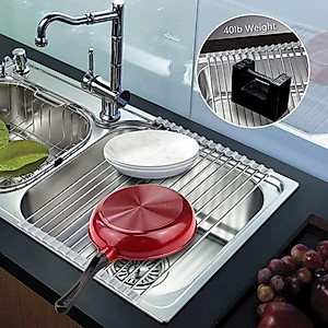 Homexpect Roll up Dish Drying Rack 17 inches x 13.5 inches, 304 Stainless Steel Over The Sink Dish Drying Rack, Foldable, Rollable and Easy to Store, Black