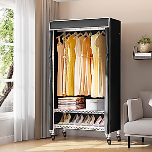 VIPEK R1C Rolling Clothes Rack with Cover Portable Closet for Hanging Clothes, Heavy Duty Garment Rack Freestanding Clothing Racks with Wheels& Hanging Rod, White Closet Racks with Black Cover