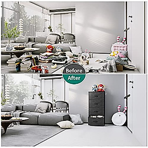 YITAHOME Storage Tower with 4 Drawers - Fabric Dresser, Organizer Unit for Bedroom, Living Room, Closets & Nursery - Sturdy Steel Frame, Easy Pull Fabric Bins & Wooden Top (Black/Grey)