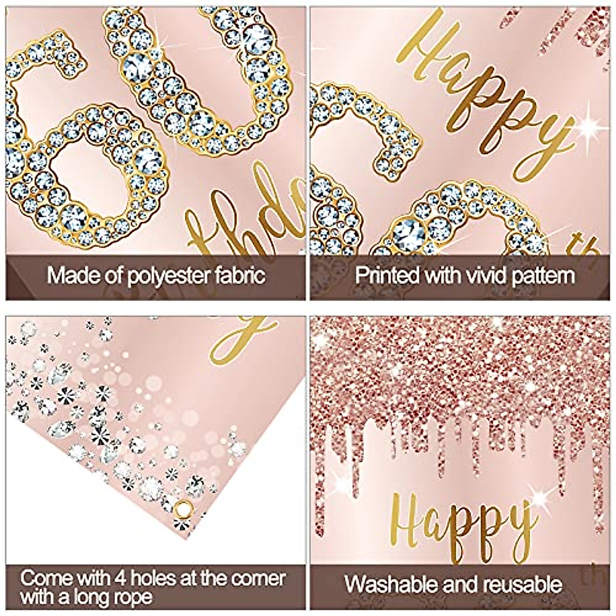 60th Birthday Door Banner Decorations for Women, Pink Rose Gold Happy 60th Birthday Door Cover Backdrop Party Supplies, Large Sixty Year Old Birthday Poster Sign Decor