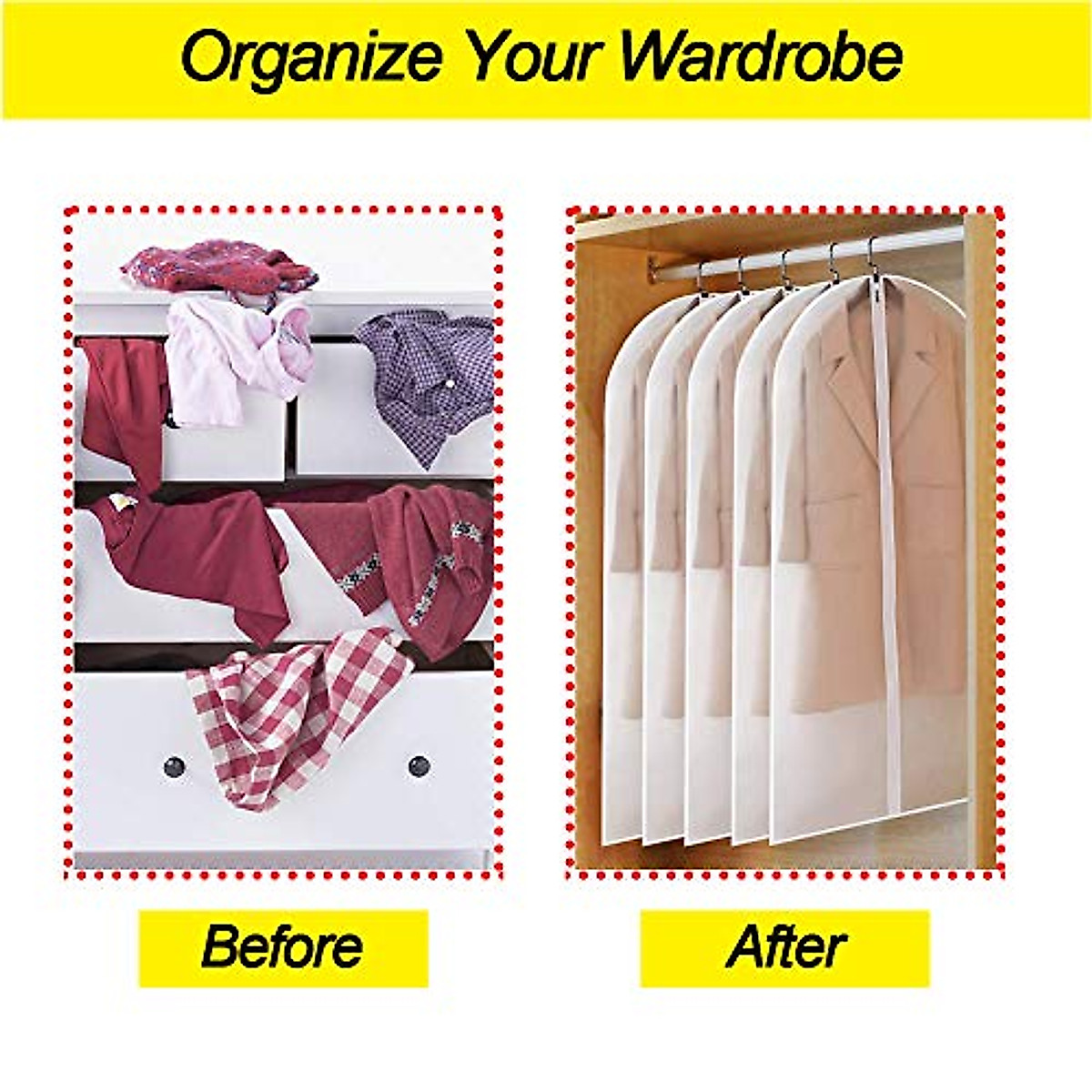 Hanging Garment Bag 24''X40'' White Lightweight Clear Full Zipper Suit Bags (Set of 6) PEVA Breathable Garment Cover for Suit Closet Clothes Storage