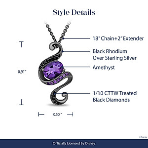 Jewelili Enchanted Disney Fine Jewelry Black Rhodium over Sterling Silver 8x6 MM Oval Shape Amethyst and 1/10 Cttw Treated Black Round Diamond Ursula Pendant Necklace, 18" Cable Chain