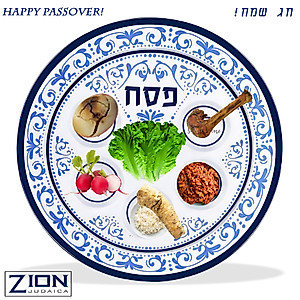 Passover Seder Plates 12" Melamine - 6 Section Plate Marked with Symbolic Pesach Seder Foods - Round Seder Tray for Adults, Children by Zion Judaica - Blue Floral Renaissance Single Passover Plate
