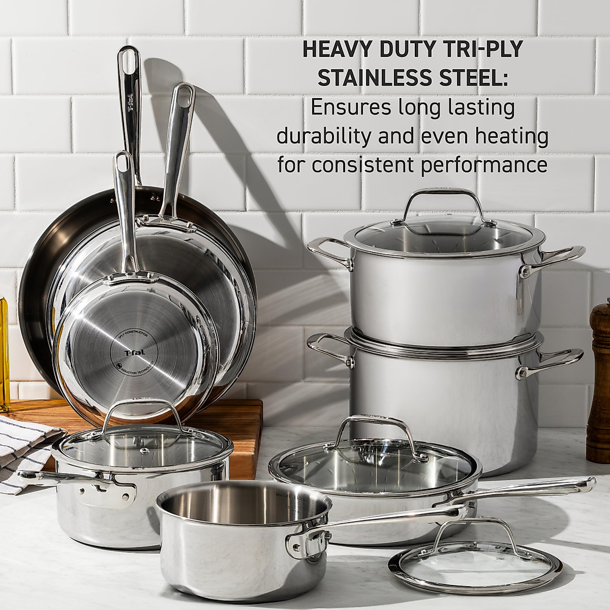 T-fal Pro Tri-Ply Stainless Steel Cookware Set 13 Piece, Induction Compatible Oven Safe 500F, Lids 350F, Fast & Even Heat, Professional Quality & Durability, Pots and Pans Set, Dishwasher Safe, Silver