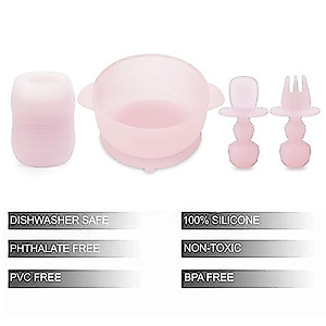 PandaEar Silicone Baby Utensils Set - Baby Bowl with Suction, Tiny Toddler Cup, and Self-Feeding Spoon Fork - Baby-Led Weaning Supplies for First Stage Infants (6 Months+)