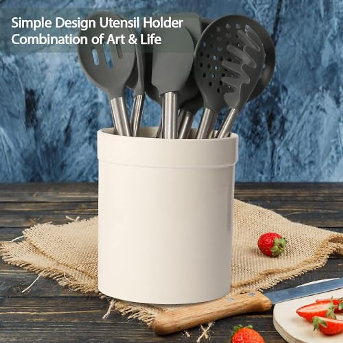 MEIGUI Ceramic Kitchen Utensil Holder, Utensil Crock Large Utensils Holder for Kitchen Decor, Cooking Tool Utensils Caddy for Countertop, Pure White