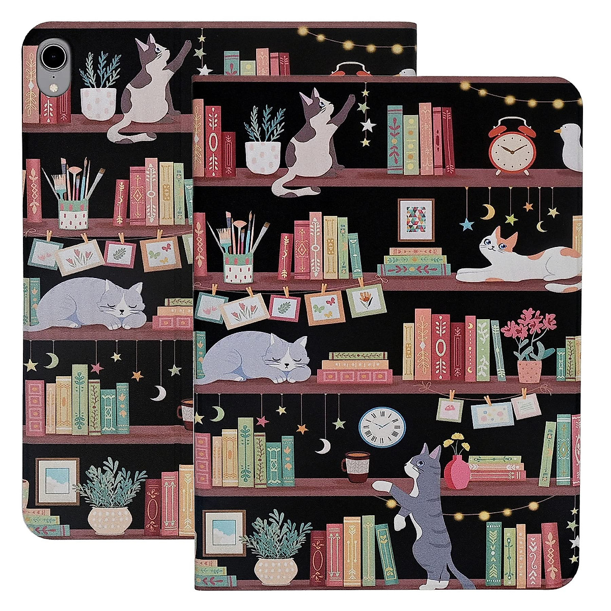 Case for iPad Air 11 Inch M2(2024), iPad Air 6th/5th/4th Gen (2024/2022/2020) 10.9 inch, Slim PU Leather Multi-Angle Smart Shell Stand Cover with Auto Wake/Sleep, Cat on Bookshelf