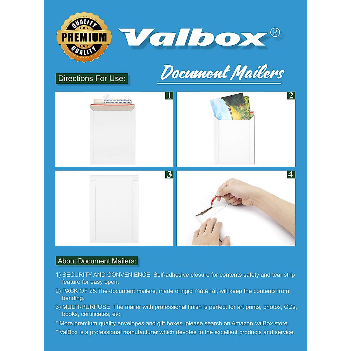 ValBox 9x11.5 Self Seal Photo Document Mailers 25 Pack Stay Flat White Cardboard Envelopes, 9.25 x 11.75 Inches