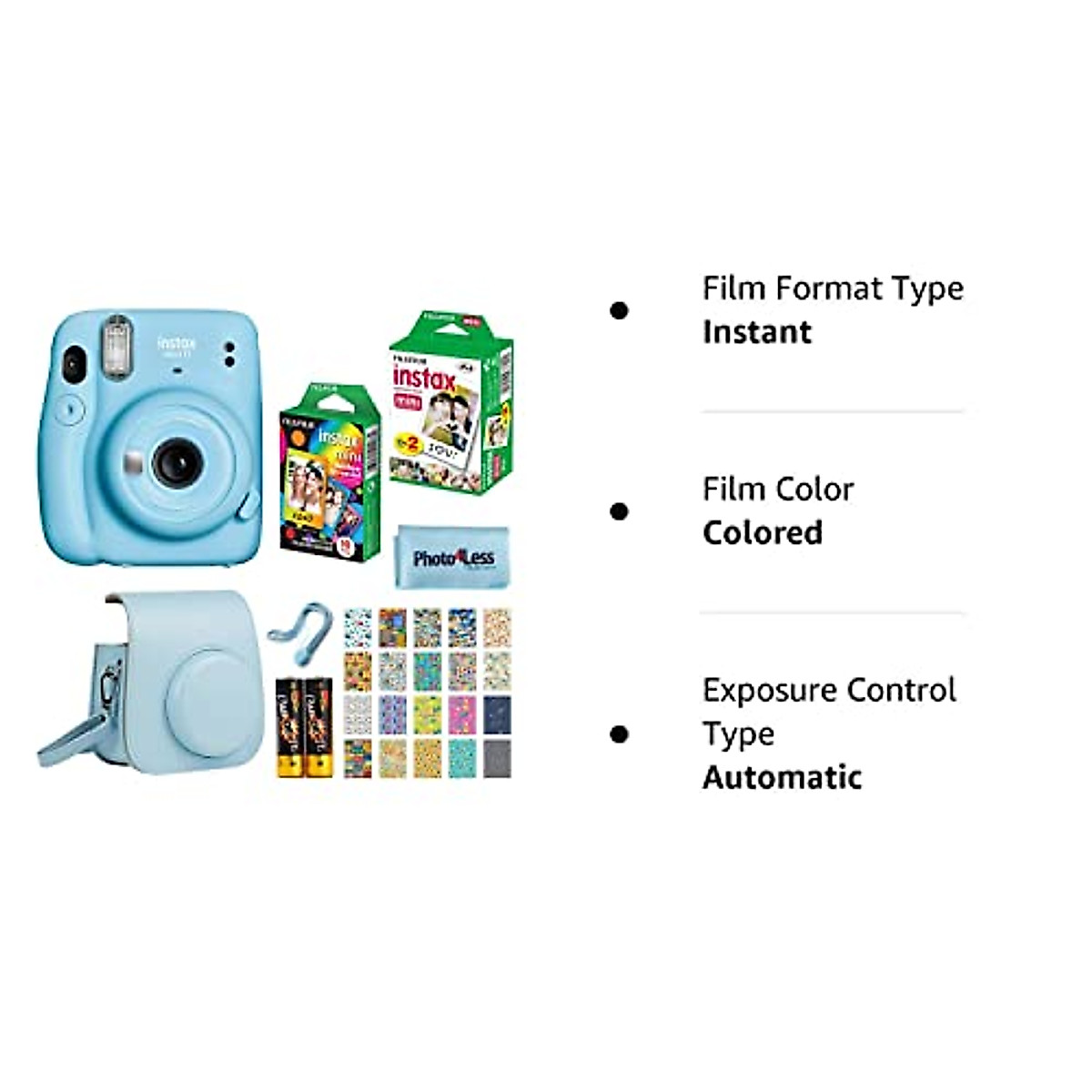 Fujifilm Instax Mini 11 Instant Camera + Fujifilm Instax Mini Twin Pack Instant Film (16437396) + Single Pack Rainbow Film + Case + Travel Stickers (Sky Blue)