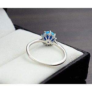 Natural Blue Sleeping Beauty Turquoise Cabochon Gemstone 7 MM Round 925 Sterling Silver December Birthstone Solitaire Unisex Proposal Ring For Engagement Gift (Rhodium Plated Silver, 7.5)