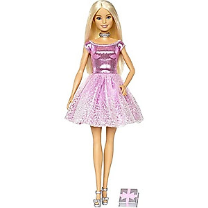 Barbie Happy Birthday Doll with Blonde Hair and Blue Eyes, Pink Glitter Party Dress, Gift and Silvery Accessories (Amazon Exclusive)