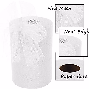 Tulle Fabric Rolls 6 Inch by 100 Yards (300 ft) White Tulle Ribbon Spool for Tutu Skirt Wedding Baby Shower Birthday Party Decorations Christmas Gift Wrapping DIY Crafts (White)