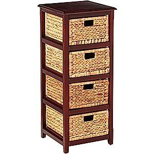 OSP Home Furnishings Seabrook Storage Tower with Solid Wood Frame and Natural Baskets, 4-Drawer, Espresso Finish