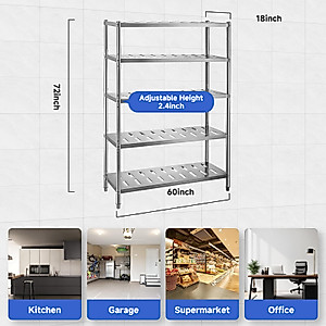 Garvee Stainless Steel Shelves,60x18x72 in Storage Shelf 5-Tier Heavy Duty Adjustable Shelf Unit with Adjustable Height and Vent Holes for Kitchen Garage Office Restaurant,330lb Per Shelf