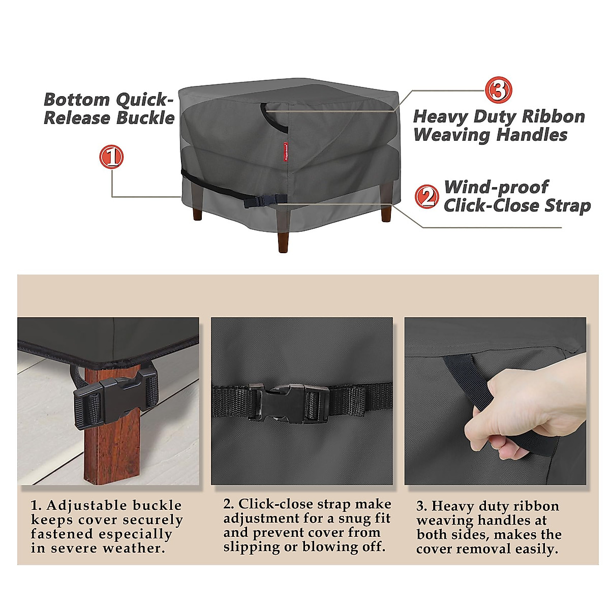 Porch Shield Patio Ottoman Cover - Waterproof Outdoor Square Side Table Covers – 27L x 27W x 18H inch, Black