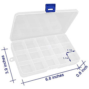 6-Pack Clear Plastic Jewelry Organizer Box with Adjustable Dividers for Bead, Nail Art, Crafts, Diamond Painting, Fishing Tackle Storage Box, (15 Grids, 6.8" x 0.8" x 3.9")
