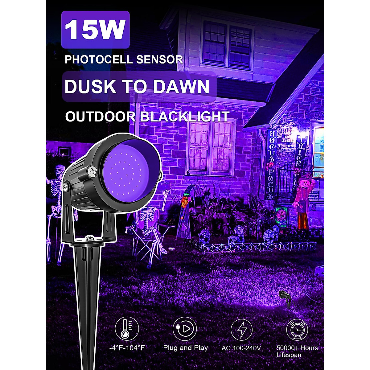 DOREIO Halloween 120V Blacklight Spotlight 15W Outdoor LED Landscape Lighting Dusk to Dawn Photocell Light Sensor with US Plug for Glow Dance Party, Body Paint, Fluorescent Poster, Neon Glow(1 Pack)