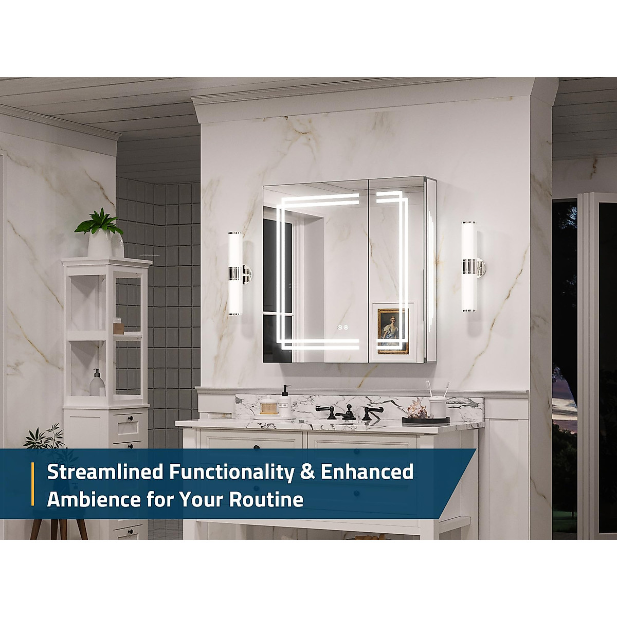 TETOTE Medicine Cabinet Bathroom LED Mirror 30x32 Inch 3 Colors Stepless Dimming Anti-Fog Memory Funtion Surface Recessed Wall Mounted Medicine Cabinets