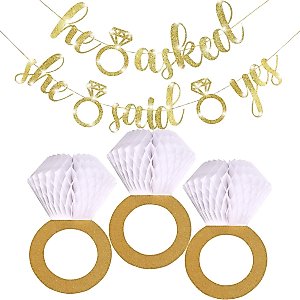 Wedding Decoration|Bachelorette Party Decoration|Gold Glittery Honeycomb Diamond Ring Hang Deco with He Asked She Said Yes Banner Wall Decor for Bridal Shower Engagement Party (HANG DECORATION)