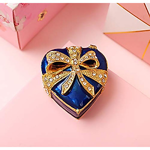Furuida Love Heart Bow-knot Blue Jewelry Trinket Box Hand-painted Diamond Classic Ornaments Craft Gift for Birthday Thanksgiving Valentine's Day Christmas Mother's Day