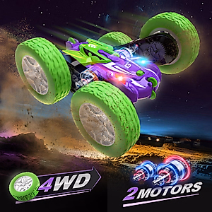 DEERC Remote Control Car, Double-Sided Driving RC Stunt Cars, 360° Spin 4WD Off-Road Car W/Dual Motors LED 2.4GHz Indoor/Outdoor Toy for Boys Age 4-7