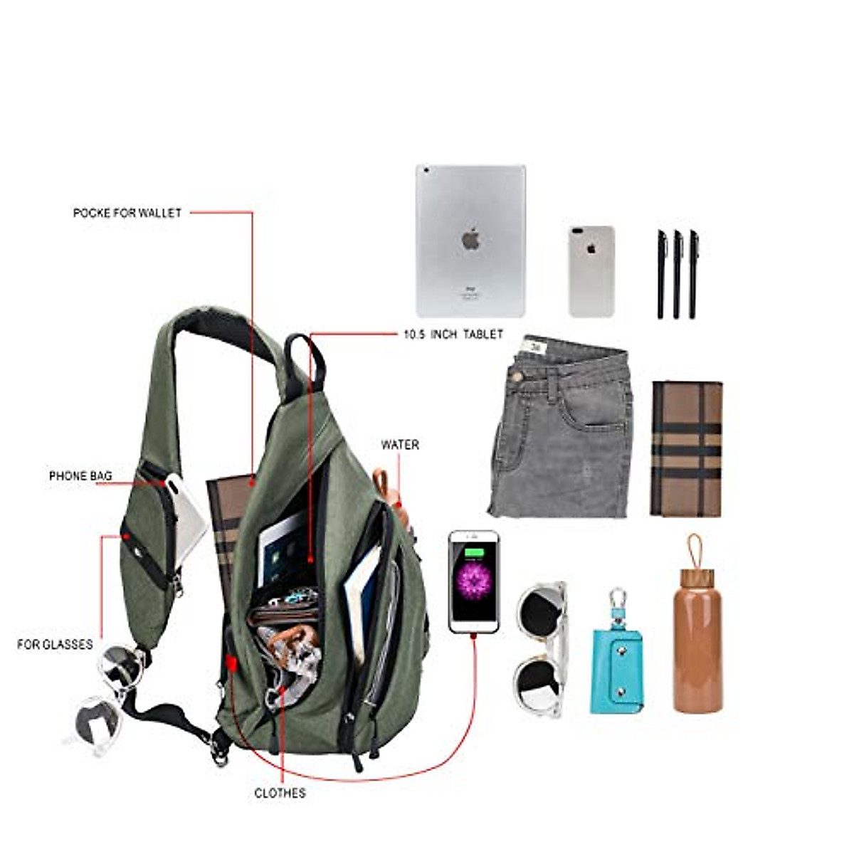 TurnWay Water-Proof Sling Backpack/Crossbody Bag/Shoulder Bag for Travel, Hiking, Cycling, Camping for Women & Men (Green)