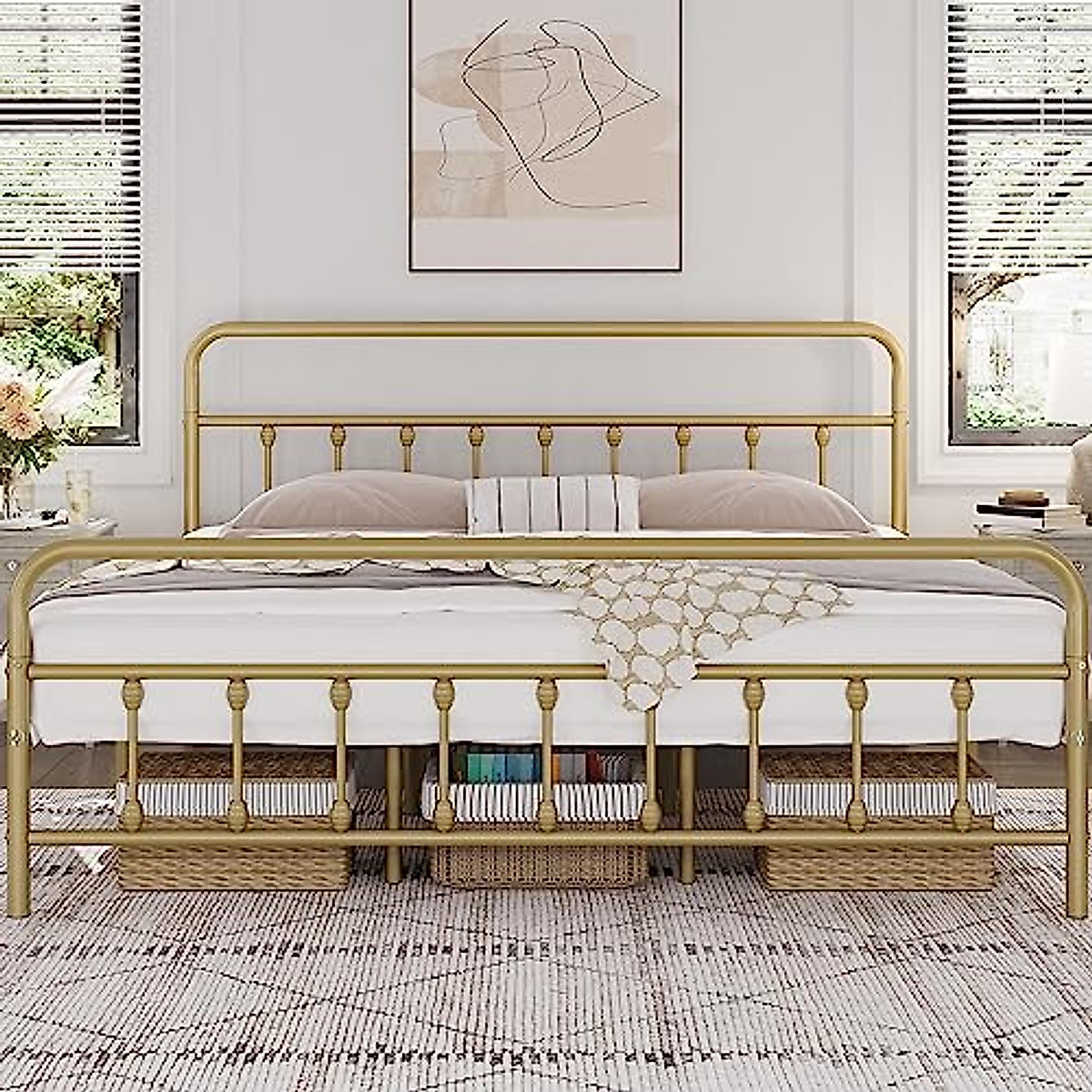 Yaheetech Classic Metal Platform Bed Frame Mattress Foundation with Victorian Style Iron-Art Headboard/Footboard/Under Bed Storage/No Box Spring Needed/King Size Antique Gold