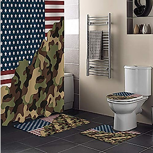 USA Flag with Army Camouflage 4 Pcs Shower Curtain Sets with Non-Slip Bathroom Rugs Toilet Lid Cover and Bath Mat, Durable Waterproof Curtains with Hooks Woodland Camo