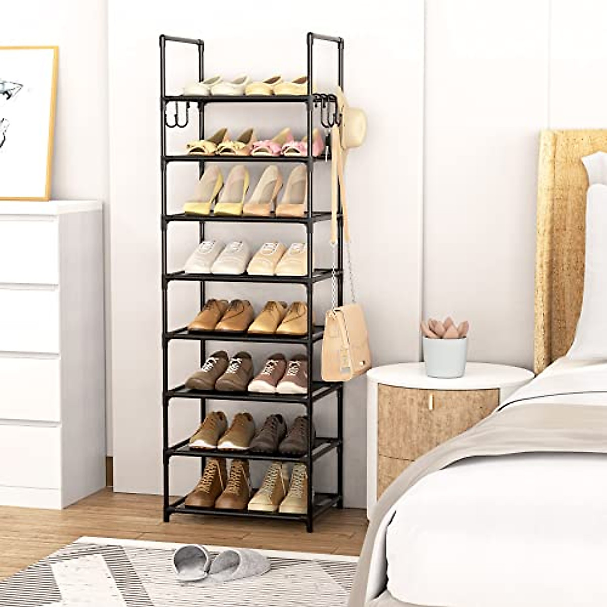 LANTEFUL 8 Tiers Tall Shoe Rack, Narrow Vertical Shoe Rack for Entryway Closet, 16-20 Pairs Shoe and Boots Organizer Storage Sturdy Shoe Shelf, Metal Stackable Shoe Stand with Hooks
