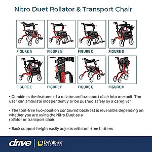 Drive Medical Nitro Dual Function Transport Wheelchair and Rollator Rolling Walker Combo with Hand Activated Brakes and Back Support, Red