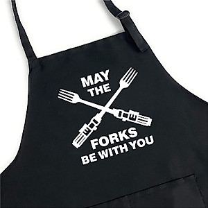 XBPDMWIN Funny Grill Aprons for Men - May The Forks Be With You - Men Aprons for Cooking Funny - Men’s Funny Chef Cooking Grilling BBQ Aprons - Star Fathers Day Gifts for Dad, Husband, Movie Fans