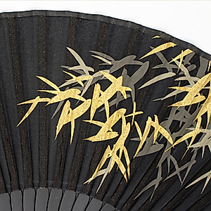 Small Black Folding Fans, Chinese Bamboo Leaf Pattern Hand Fan Folded Purse Hand Fan with Fabric Sleeve and Tassel, for Women