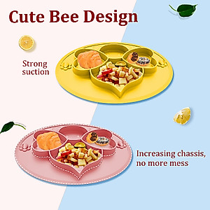 KVK Baby Plates with Suction, Silicone Toddler Plate for Babies Infants, Stick to High Chair Trays and Table, Microwave Dishwasher Safe - Cute Bee - Baby Pink
