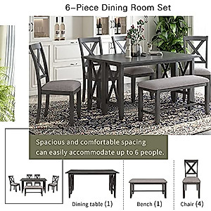 XD Designs 6-Piece Dining Room Table Set, Rustic Farmhouse Dining Room Foldable Table with 4 Upholstered Chairs & Bench, Solid Wood Kitchen Dining Room Set for 4-6 Persons (Gray 60in)