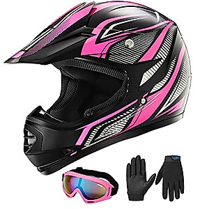 ILM Youth Kids ATV Motocross Helmet Goggles Sports Gloves Dirt Bike Motorcycle Off Road DOT Approved B07 (Youth-L, Pink Black)