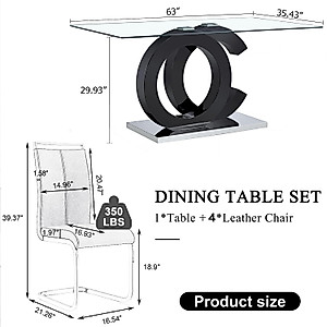 FURNITO 63'' Glass Dining Table Set for 4,Modern Dining Table Set for 4,Tempered Glass Table Top and High-End Design MDF Base with 4 Leather Ergonomic Dining Chairs