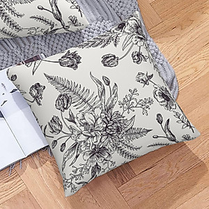 ChangQingArt Floral Pattern Bouquets of Spring Flowers Black and White Cotton Linen Square Throw Waist Pillow Case Decorative Cushion Cover Pillowcase Sofa 20"x 20"