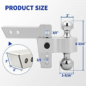 Boiarc Adjustable Trailer Hitch, 6" Drop/Rise Drop Hitch Ball Mount for 2-Inch Receiver, 2" and 2-5/16" Stainless Steel Dual Balls 12,500 LBS GTW, Aluminum Tow Hitch with Double Anti-Theft Pins Locks