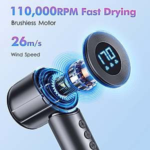 VACASSO Hair Blow Dryer, Ionic Dryer with Care Module, Professional Hairdryer High-Speed 110, 000 RPM Fast Drying, Low Noise Salon LED Temp Display, Negative for Home Travel Silver Gray