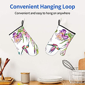 Garden with Birds and Flowers Printed Heat Resistant Kitchen Oven Gloves, Non-Slip Washable Cooking Gloves for Baking and Grilling