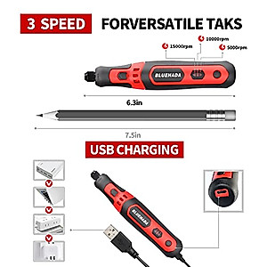 BLUEHADA Cordless Rotary Tool 3 Variable Speeds 55 Pcs Easy-to-Replace Accessories Multi-Purpose 3.6V Power USB Rotary Tool for Drilling Sanding Polishing Cutting, DIY Crafts, YGIRT001