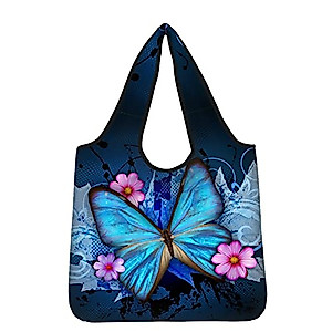 Jeiento Blue Butterfly Reusable Grocery Bags Foldable Washable Large Storage Bins Basket Water Resistant Shopping Tote Bag