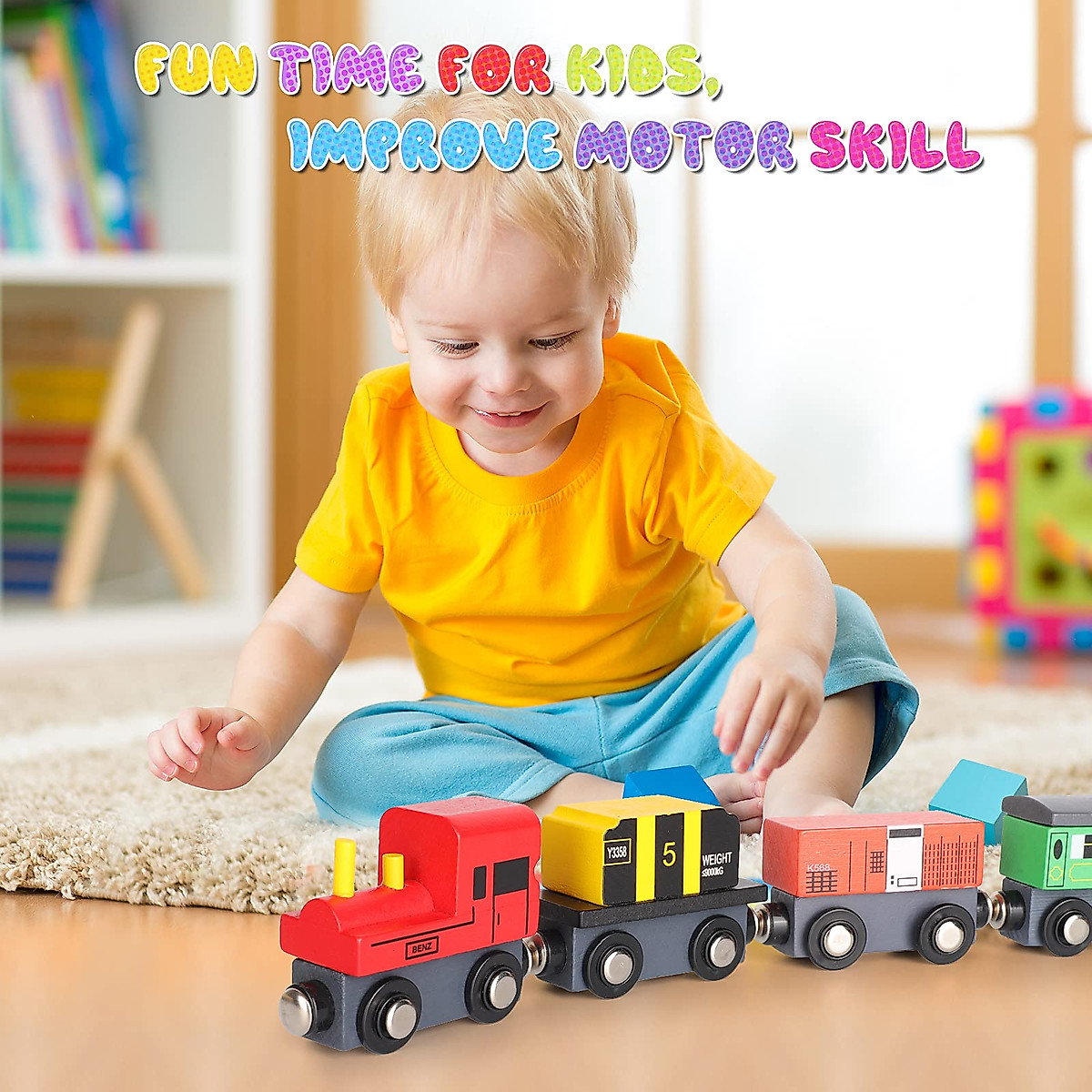 DeXop Toy Train Sets 12 PCS with Box Wooden Train Toys Magnetic Sets for Kids Toddler Gift for Christmas and Birthday for Boys and Girls