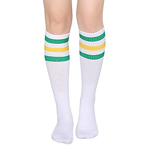 Henwarry 3 Pairs Classic Triple Stripes Over the Calf Cotton Retro Tube Socks for Men and Women (B04-Green/Yellow/White)