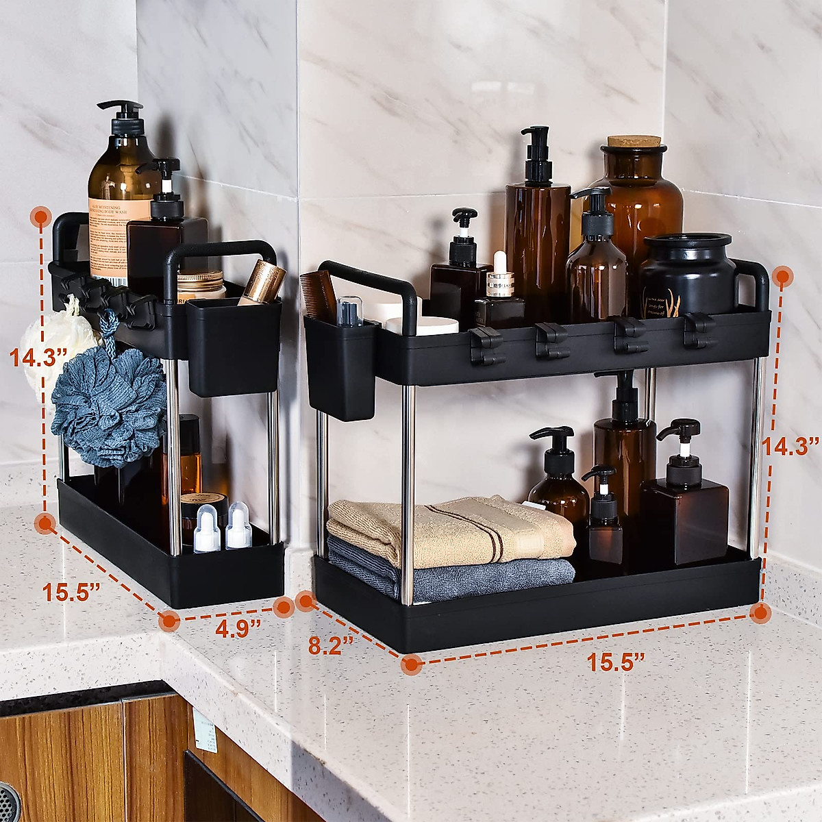 CAPHONT Under Sink Organizer Shelf 2 Pack, 2 Tier Under Bathroom Sink Organizers and Storage Multifunctional Under Cabinet Storage Rack with 8 Hooks & 2 Hanging Cups for Laundry Kitchen, Black