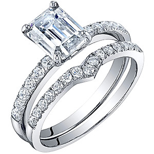 PEORA Moissanite Emerald Cut Engagement Ring and Wedding Band Bridal Set in Sterling Silver, 2 Carat Center, DE Color, VVS Clarity, Size 4.5